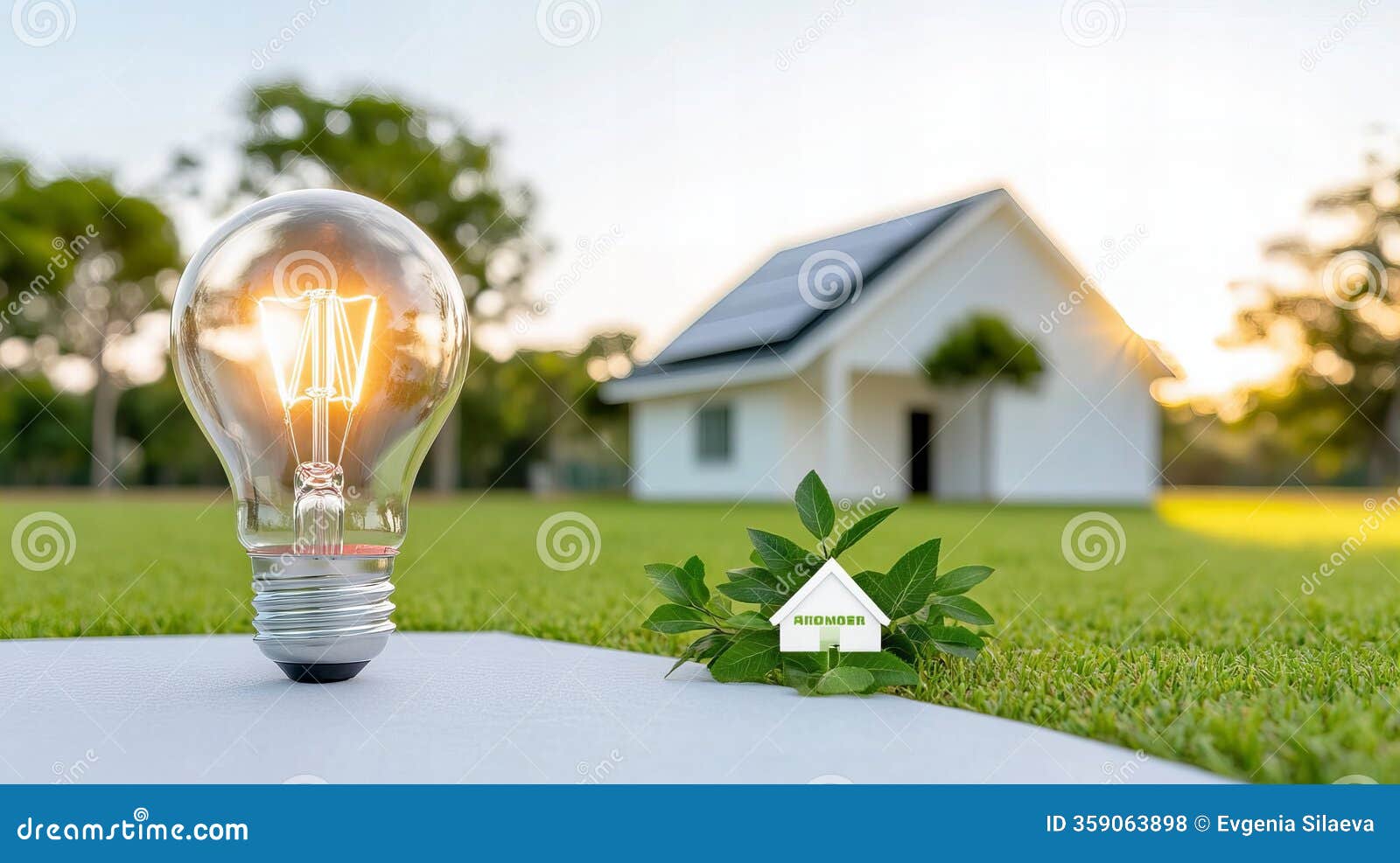 Eco-friendly Home Concept with Light Bulb and Solar Panel House in Lush ...
