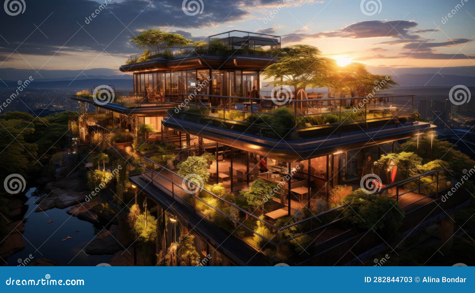 Eco-friendly Hotel with Solar Panels and Rooftop Garden. Created with ...
