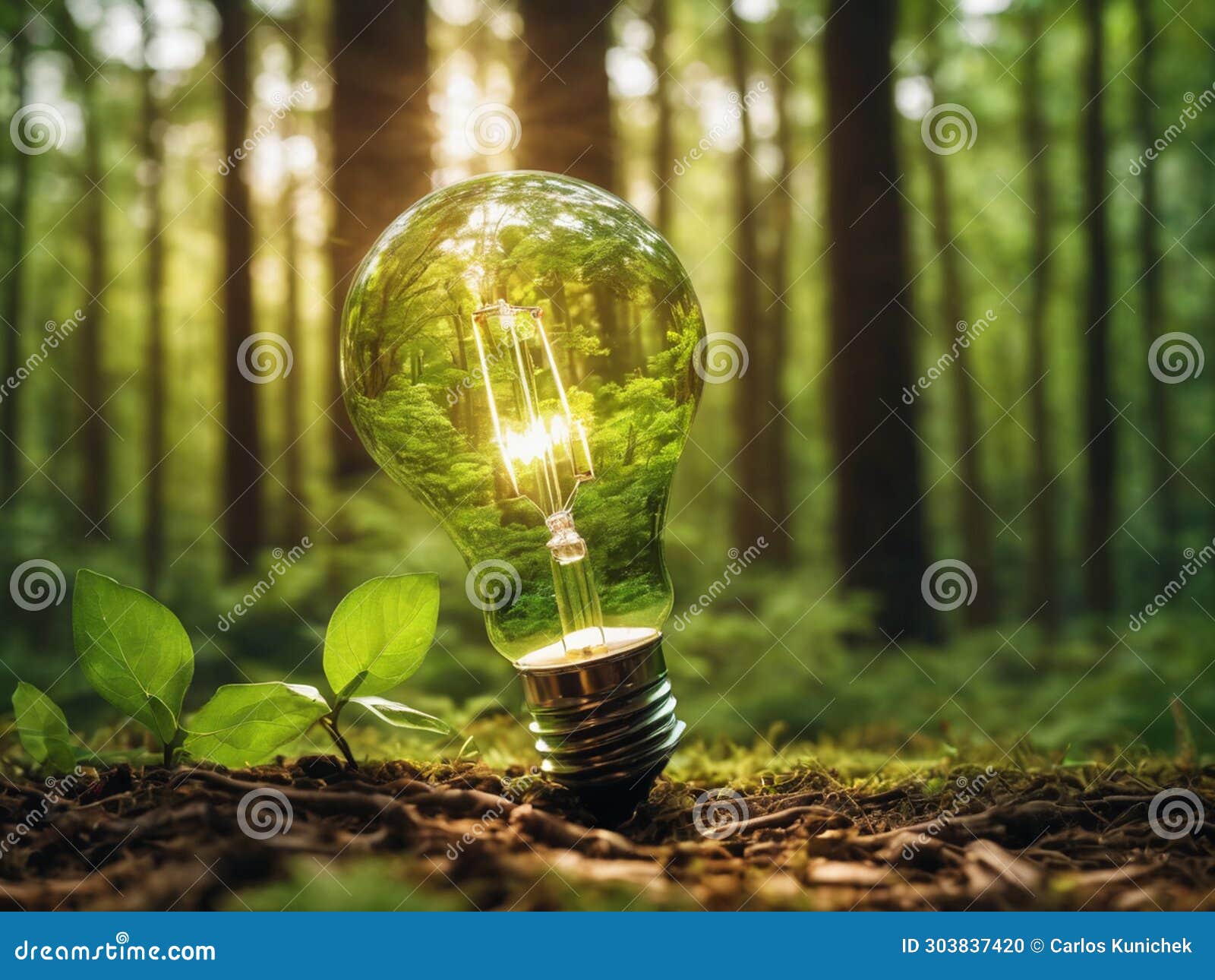 Eco Friendly Leaf Green Energy Light Bulb in a Lush Forest Background ...