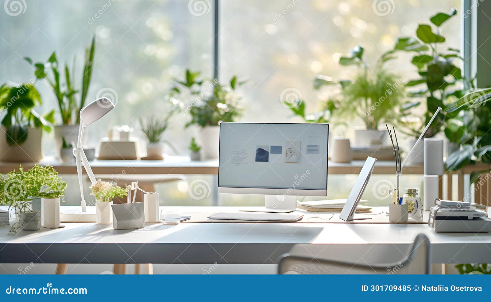 Eco-friendly Modern Office Interior with Desk, Computer and Plants ...