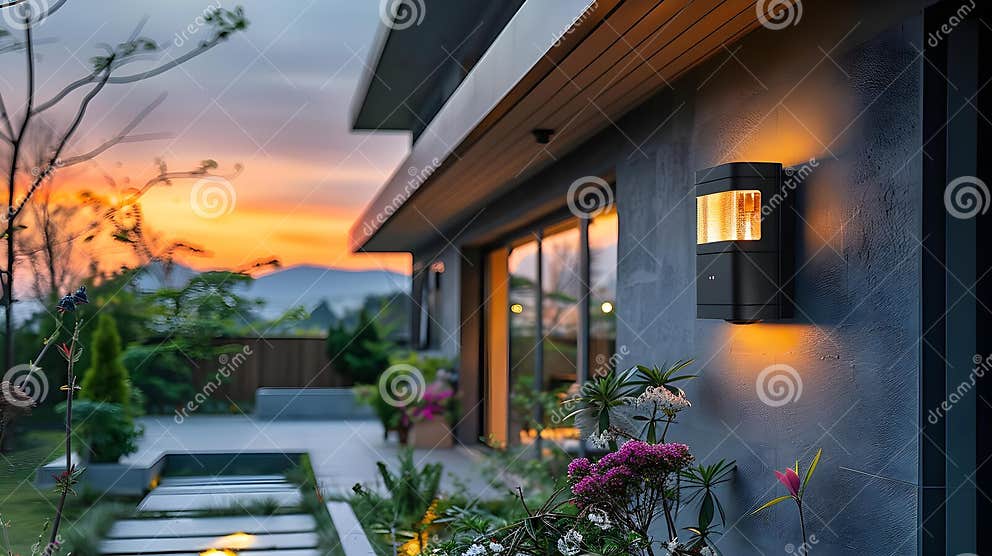 Eco-Friendly Motion Sensor Wall Light at Dusk. Concept Eco-friendly ...