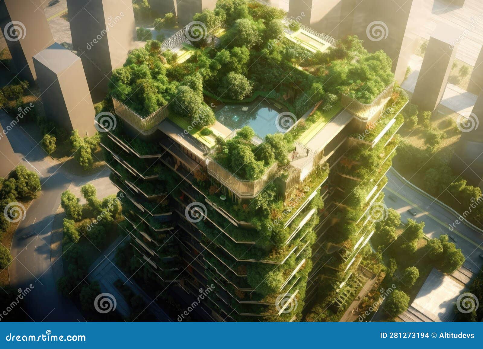 Eco-friendly Skyscraper with Green Rooftop Garden Stock Illustration ...