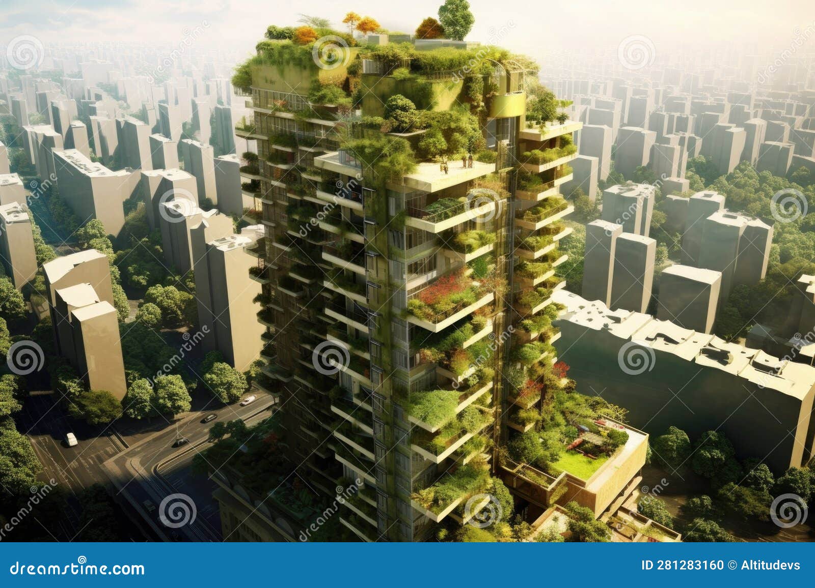Eco-friendly Skyscraper with Green Rooftop Garden Stock Illustration ...