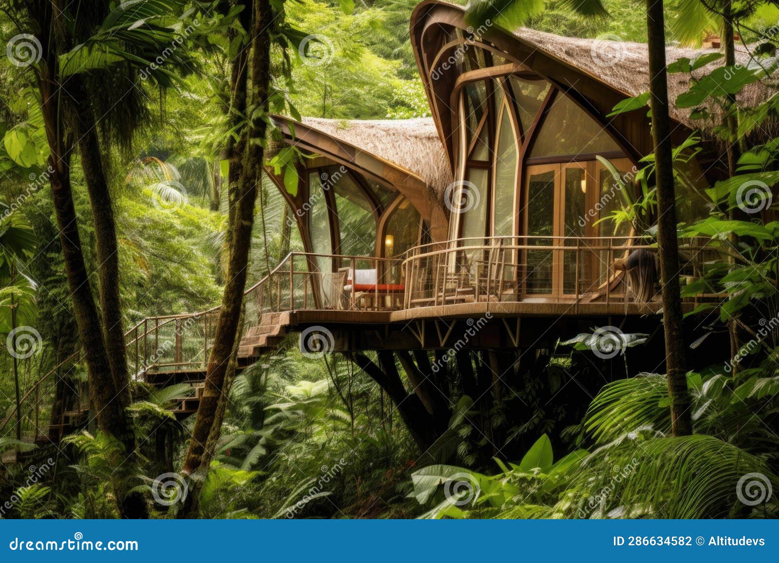 Eco-friendly Treehouse With Wooden Bridge In Tropical Forest Royalty ...