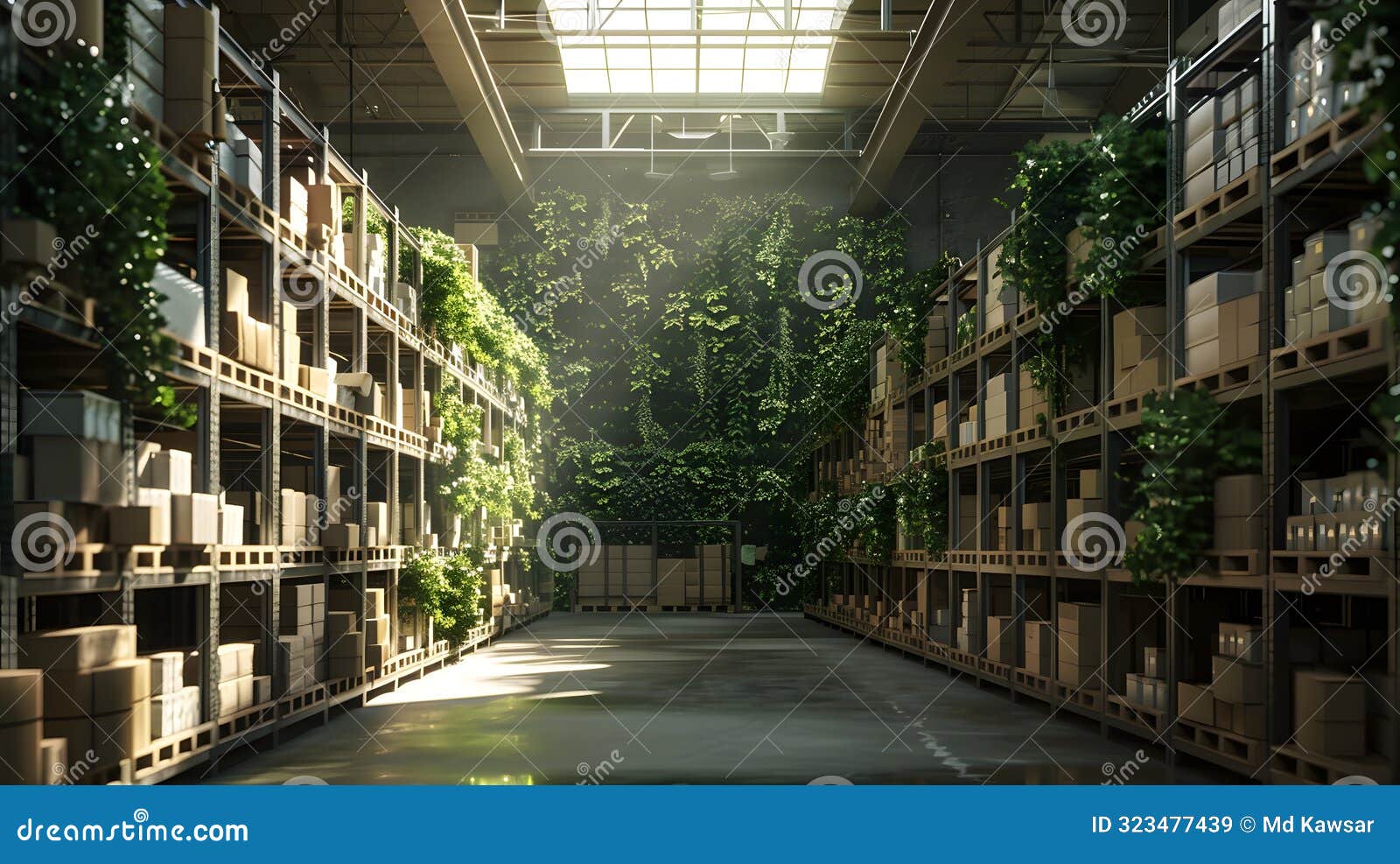 Eco-friendly Warehouse with Vertical Garden and Rows of Packages Stock ...