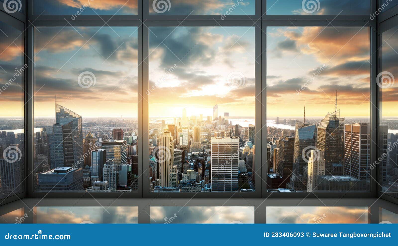Eco Green City View Though Window in Office or Workplace Background ...
