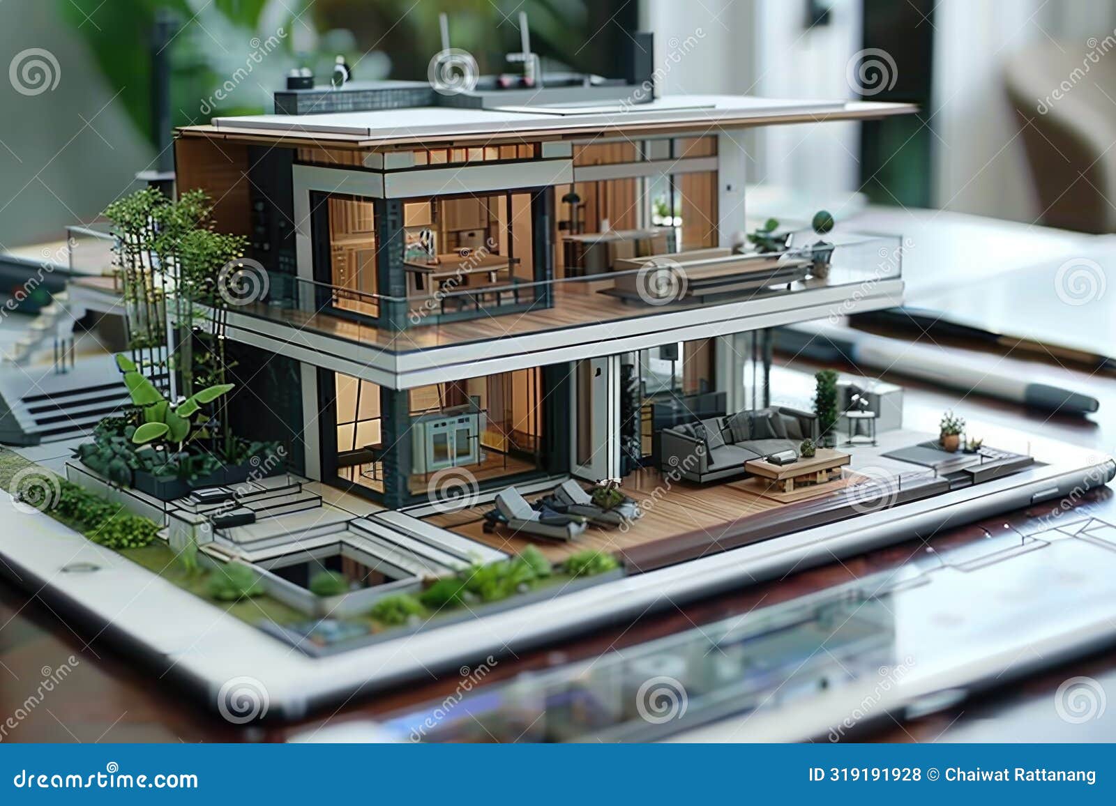 Eco Home Model on Tablet with CAD Software Stock Illustration ...