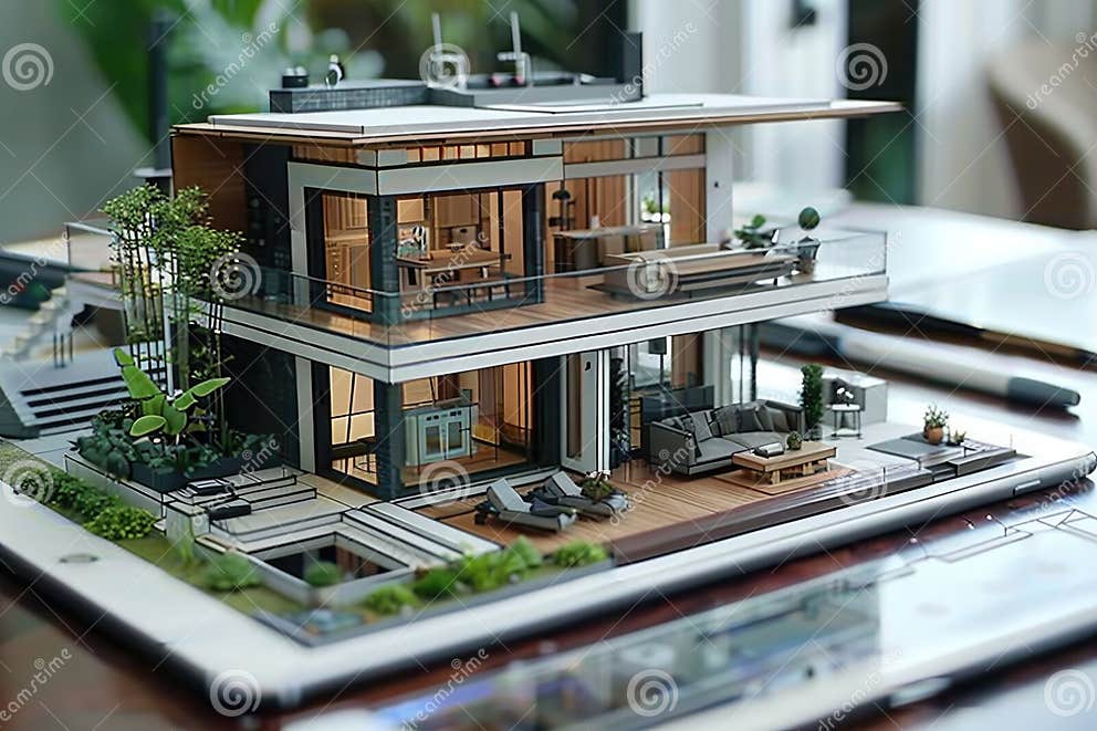 Eco Home Model on Tablet with CAD Software Stock Illustration ...