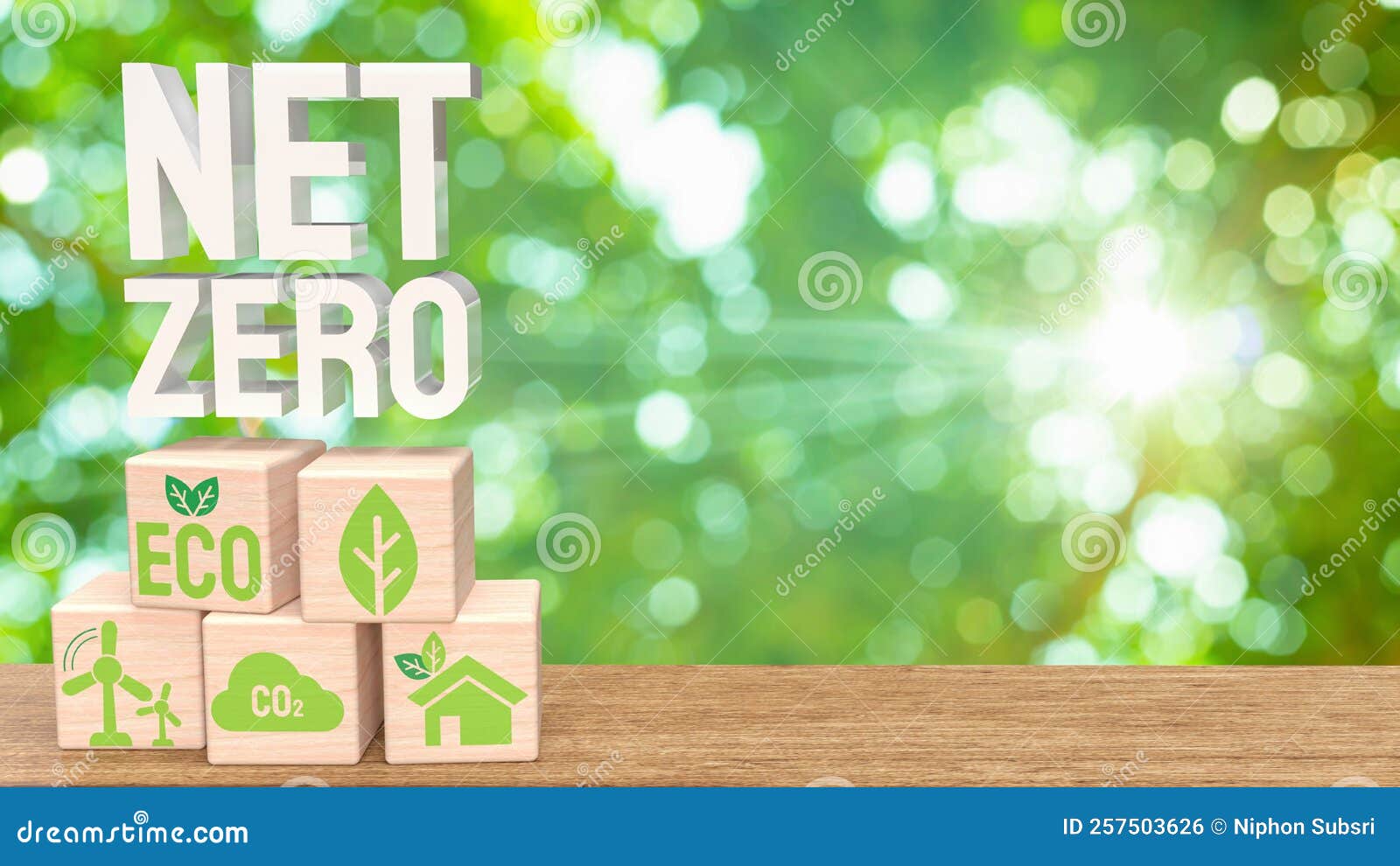 The Eco Icon on Wood Cube for Net Zero Concept 3d Rendering Stock ...