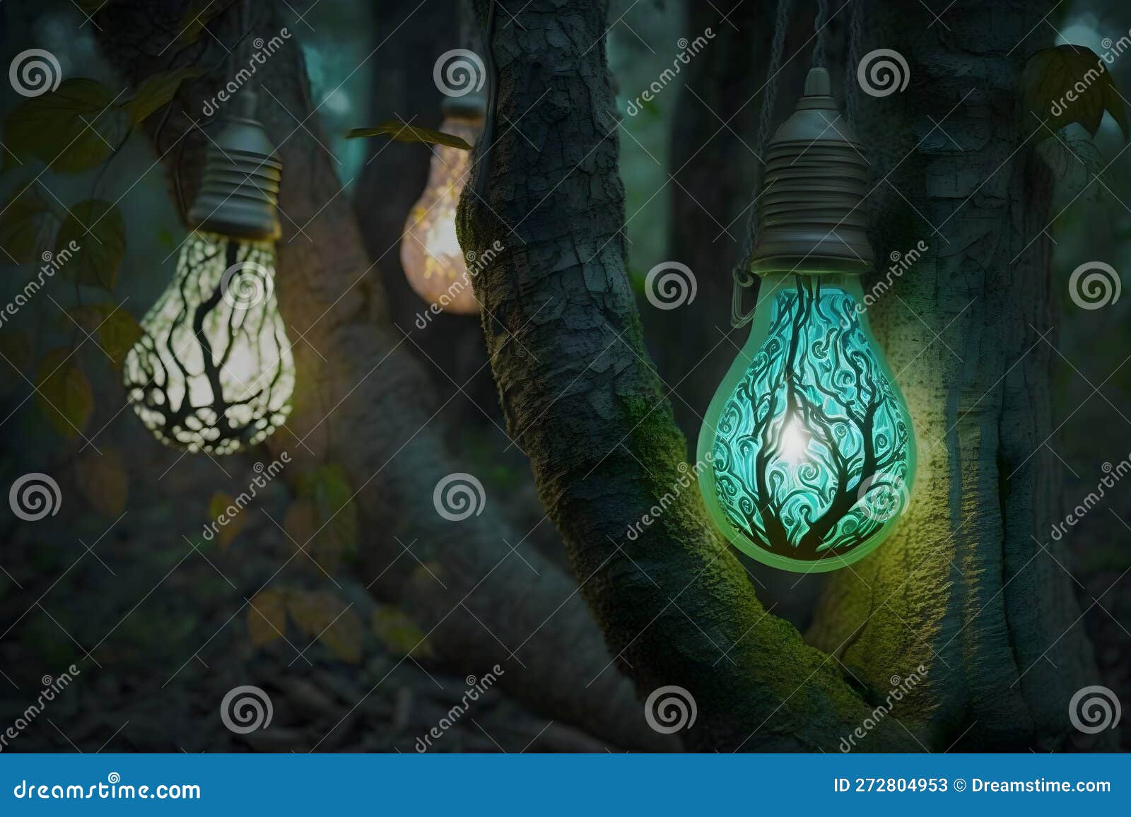 An Eco Magical Light Bulbs Hanging on a Tree in the Garden, Save Energy ...