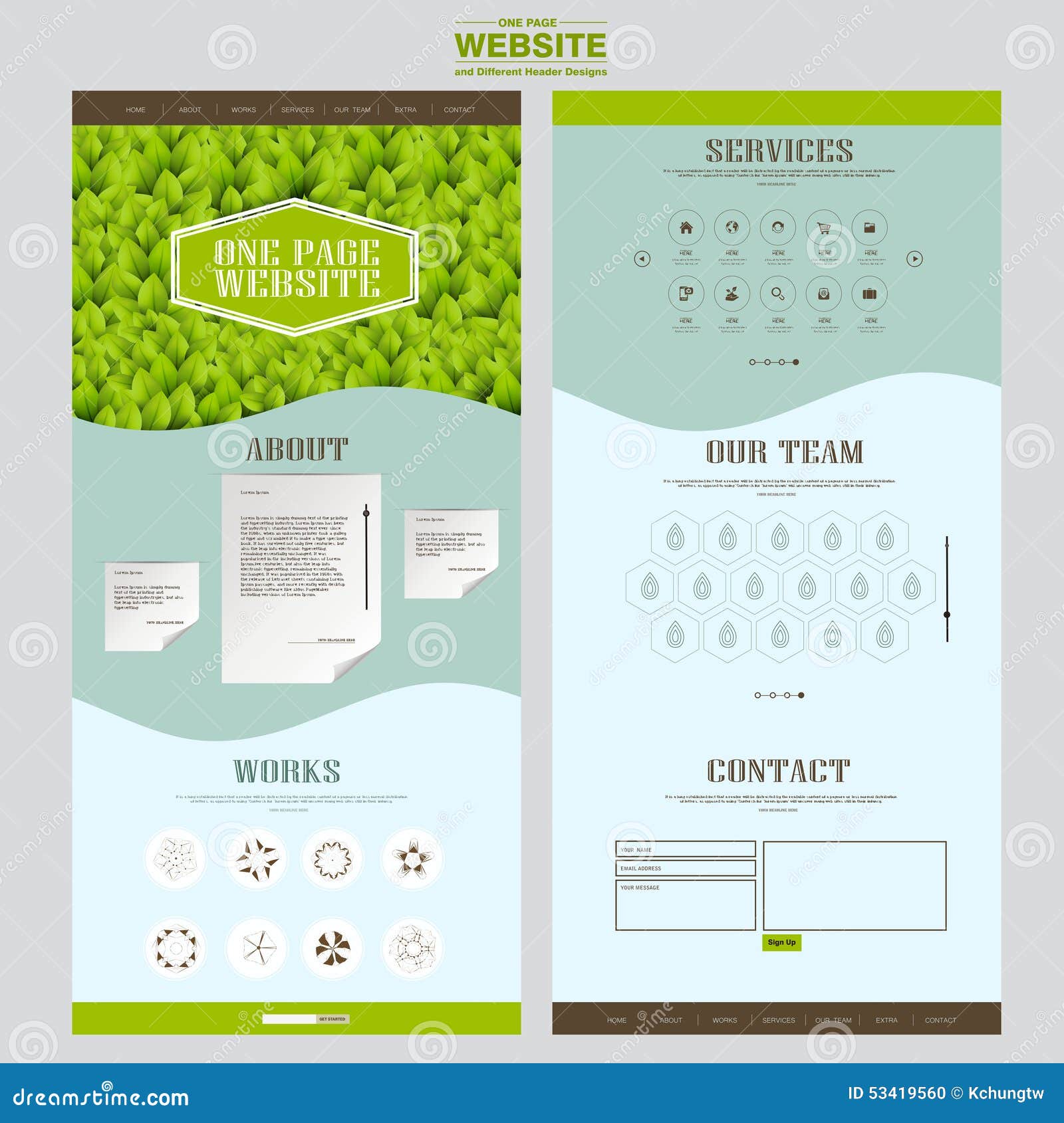 One Page Website Template And Different Header Designs With Blurred ...