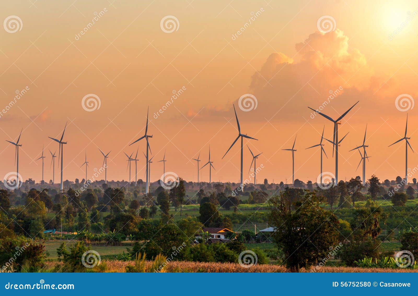 Eco Power in Wind Turbine Farm with Sunset Stock Photo - Image of ...