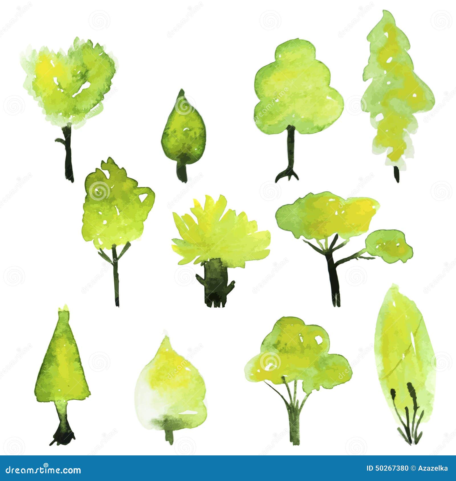 Eco Set of Watercolor Green Trees. Vector Spring Tree Collection Stock ...