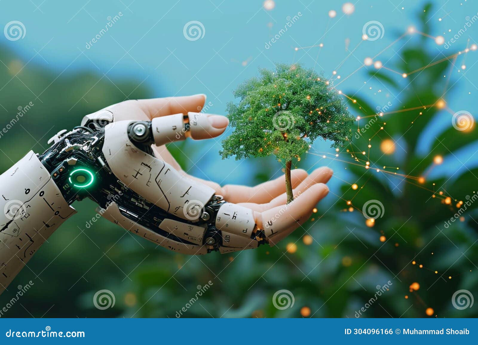 Eco Tech Alliance Tree in Human Hand and Robotic Hands Symbolizes Unity ...