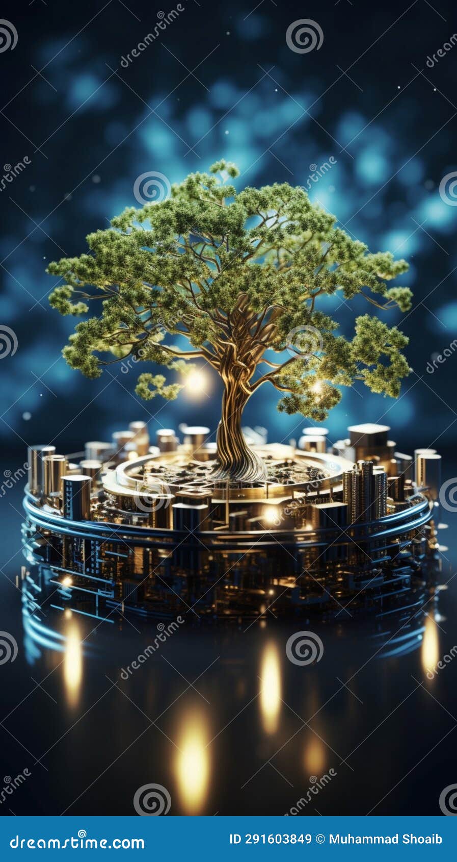 Eco-tech Partnership Tree on Earth, Blue Backdrop Showcasing Green ...