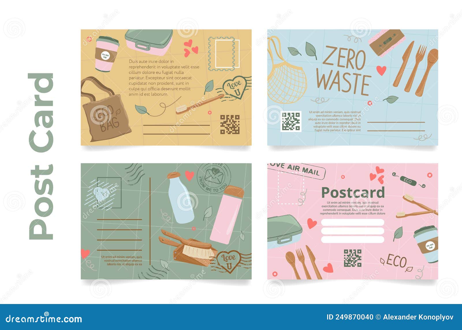 Eco Zero Waste Postcard Template Set Vector Environment Safety Postal ...