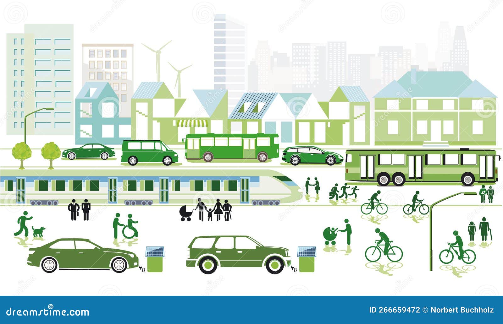 Ecological City with Cyclists and Passenger Train, Illustration Stock ...