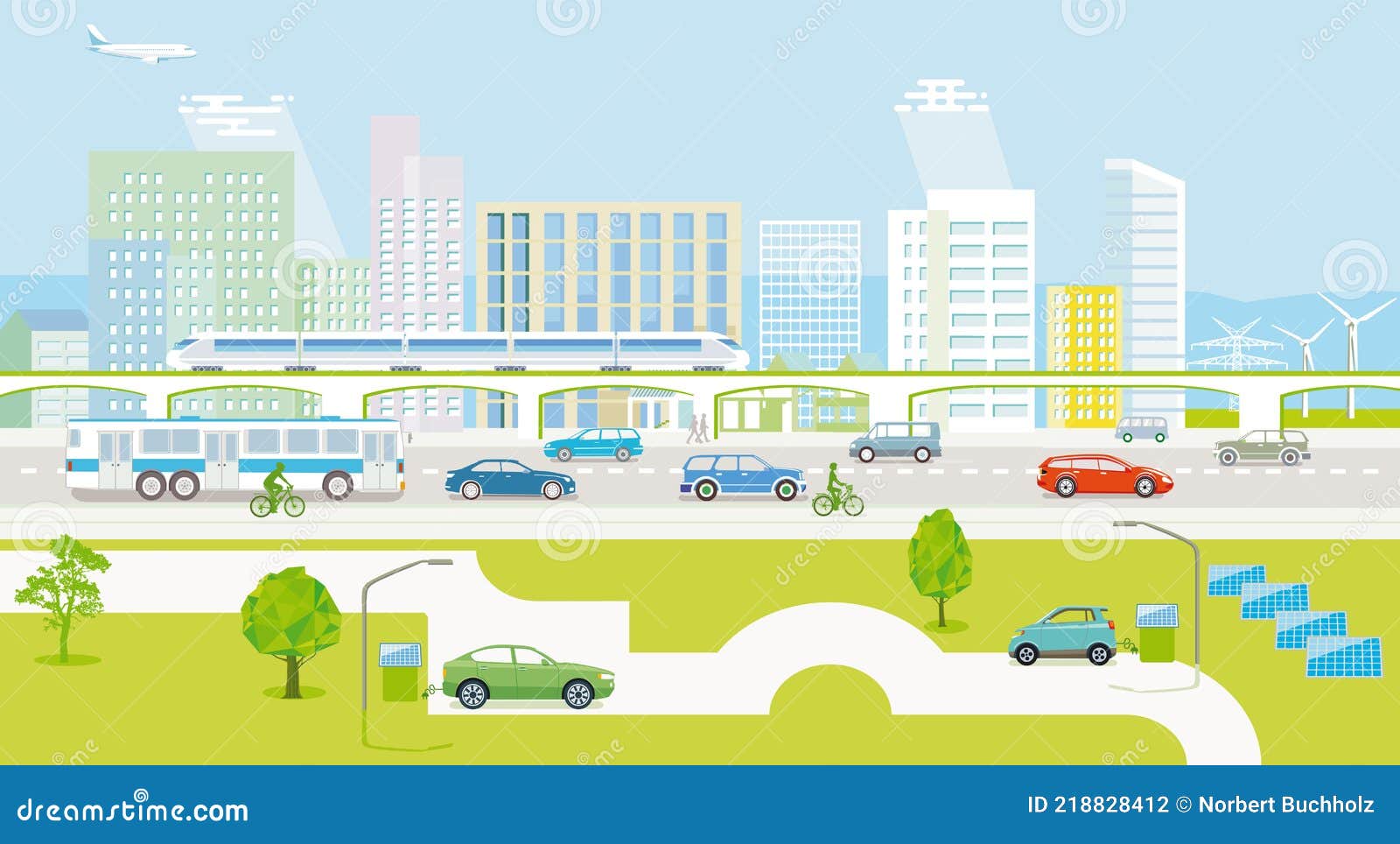 Ecological City with Electric Vehicles and Passenger Train Stock Vector ...
