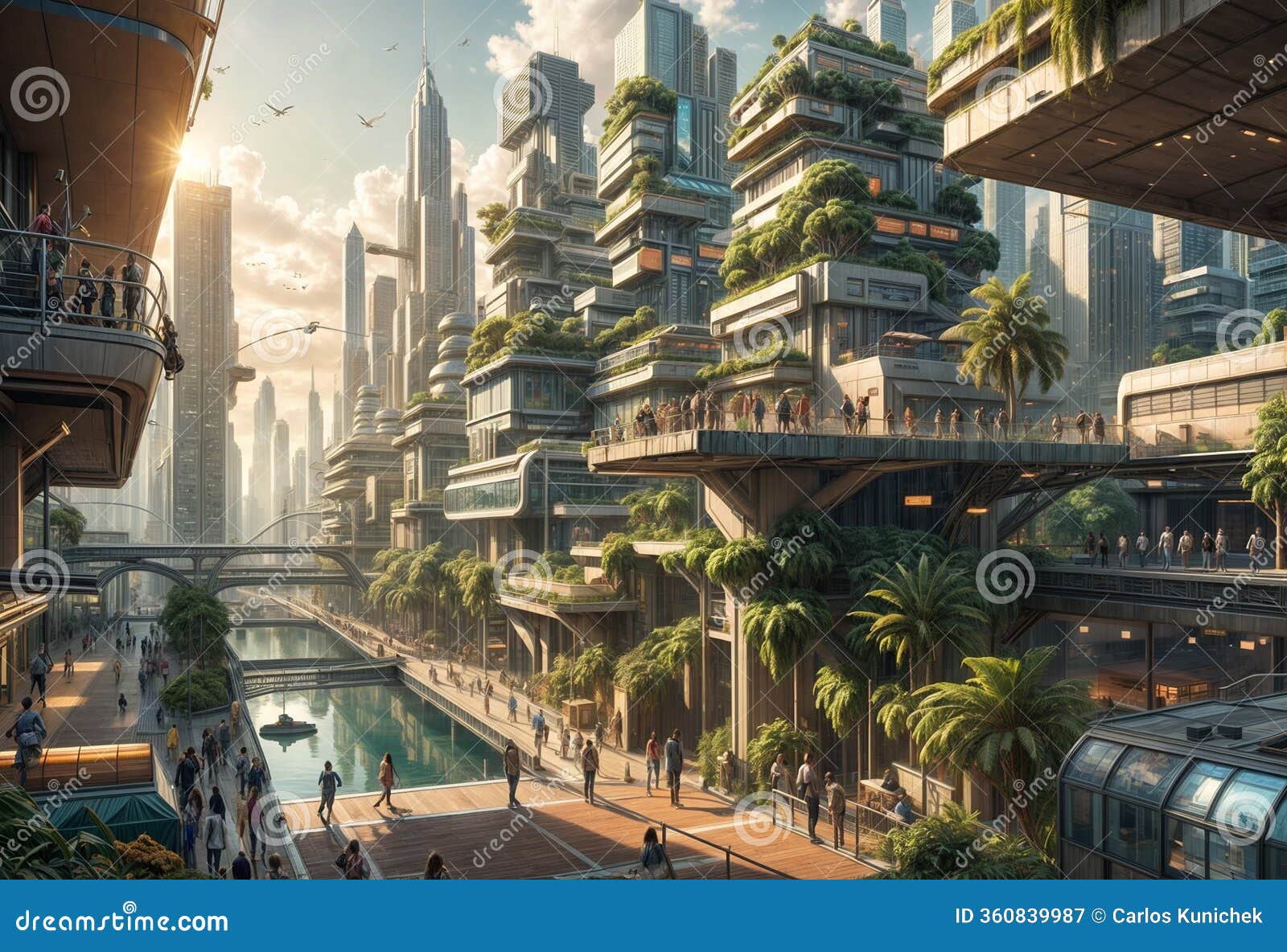 Ecological Cityscape Panorama Featuring Humans and Animals Coexisting ...