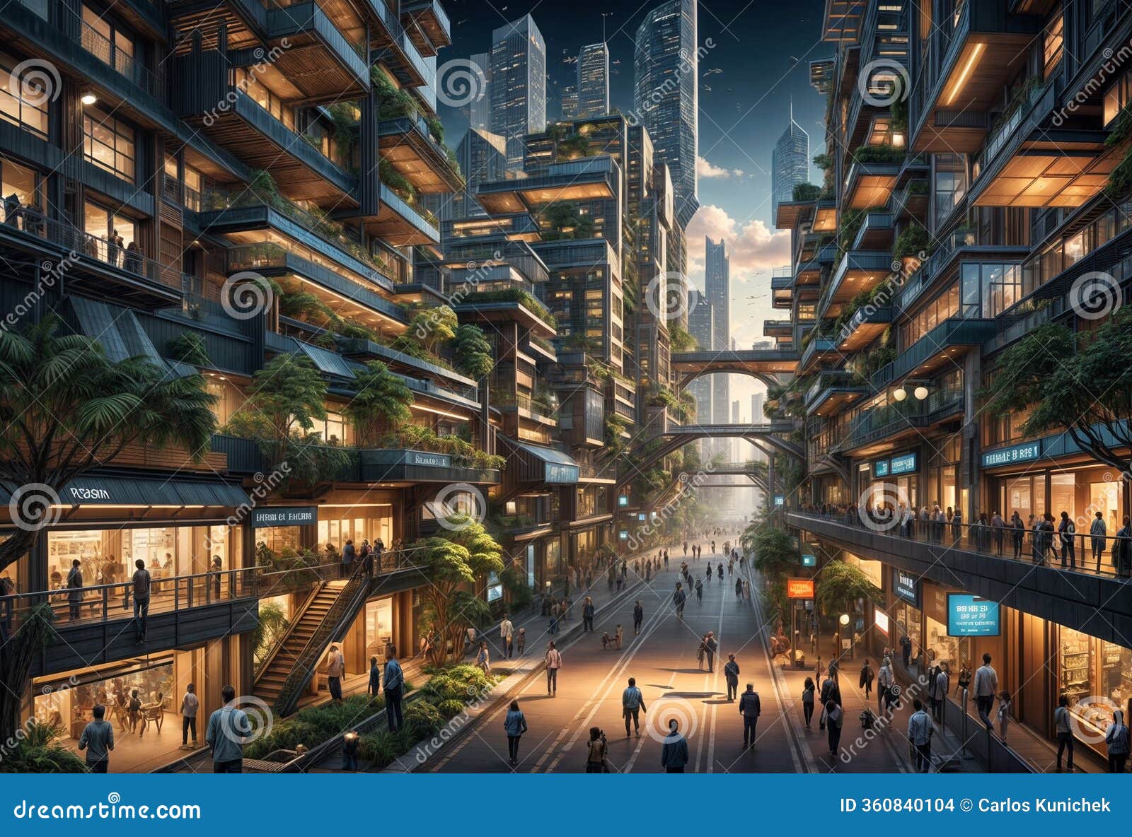 Ecological Cityscape Panorama Featuring Humans and Animals Coexisting ...