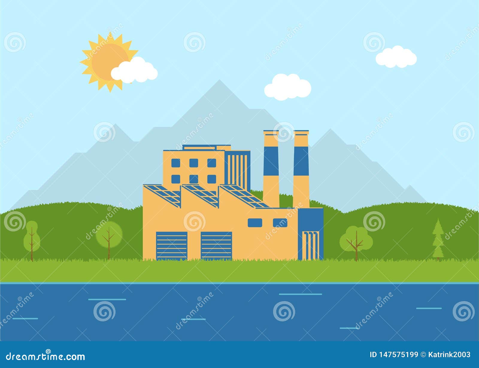 Ecological Factory Near the River. Flat Style. Environment. Stock ...