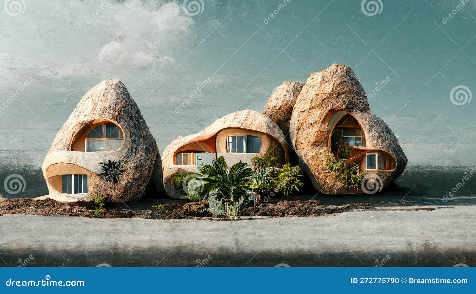 Ecological Organic Shaped Houses Made of Rock with Palm Tree Around ...