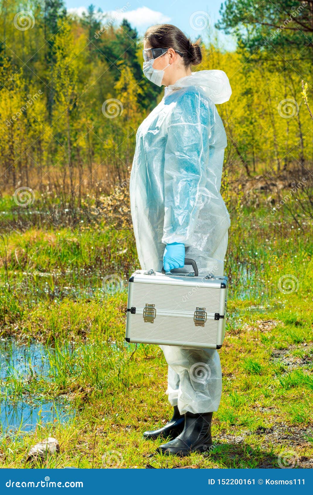 Ecologist in Overalls on the Lake with Equipment for Taking Water Stock ...