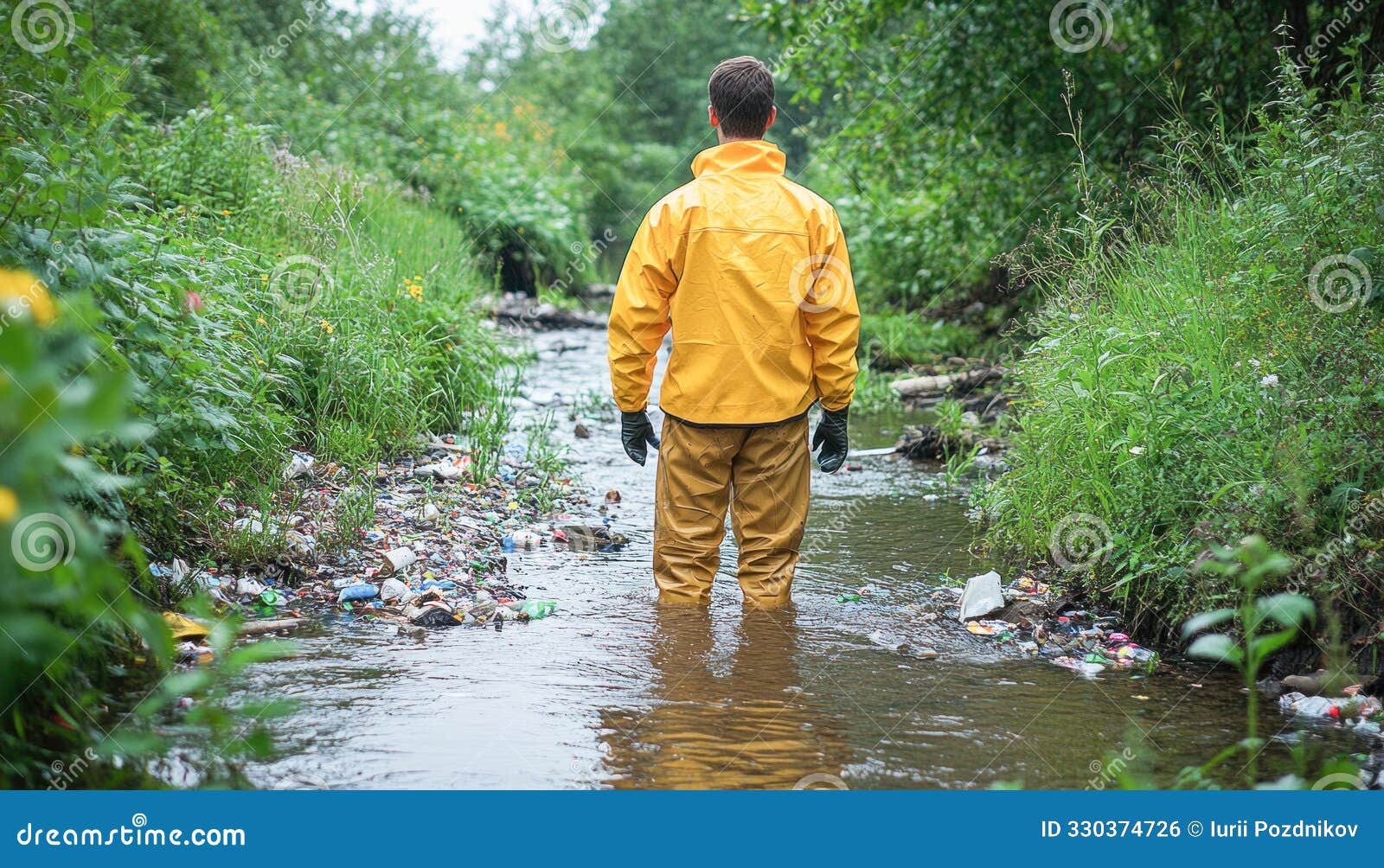 Ecologist Studying Water Pollution Standing In River Wearing Protective ...