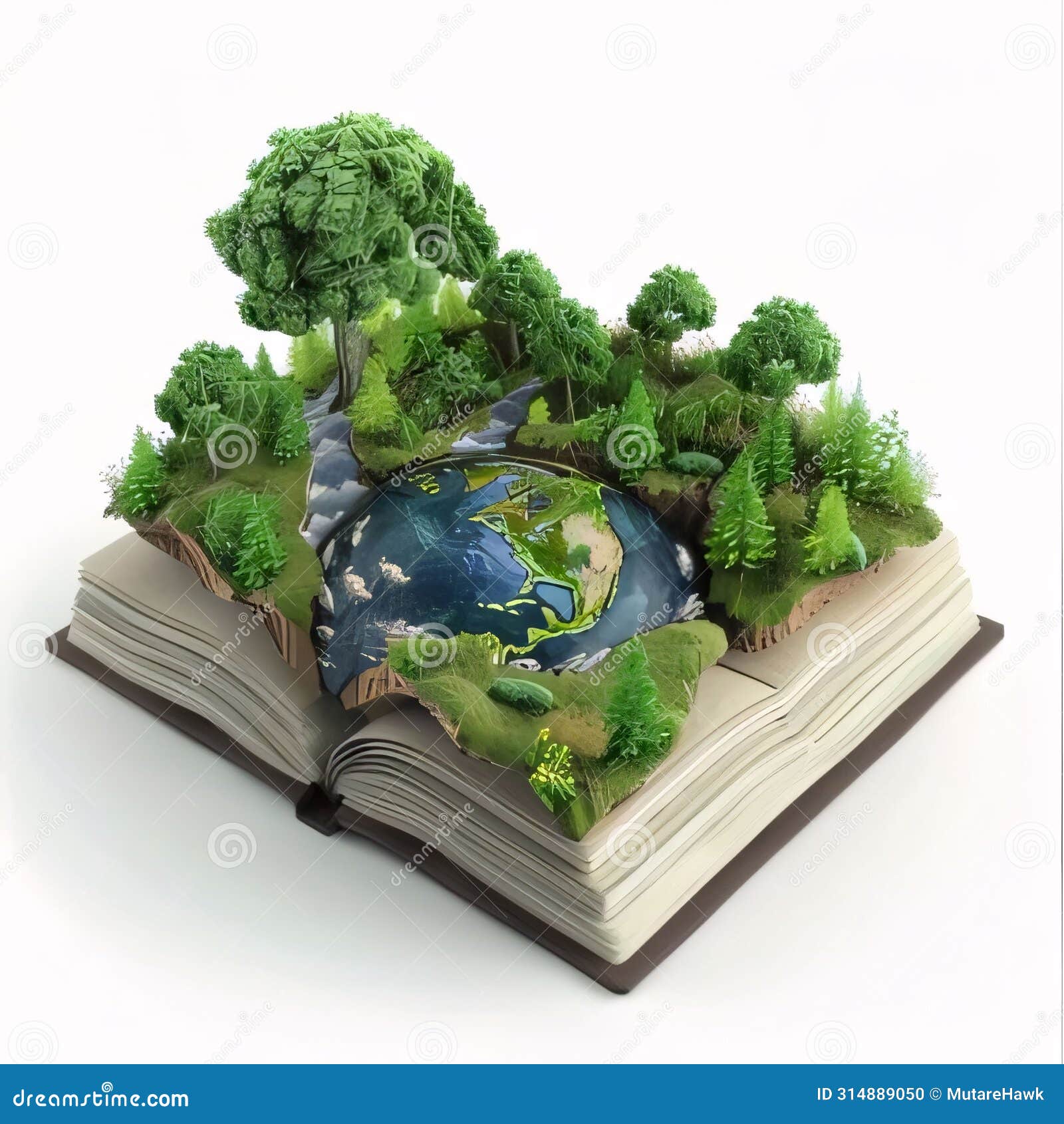 Ecology Concept. Open Book with Green Trees and Earth on White ...