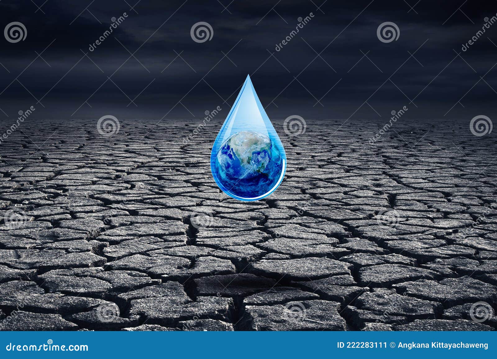 Blue Planet Earth in Water Drop with Cracked Brown Ground in Background ...