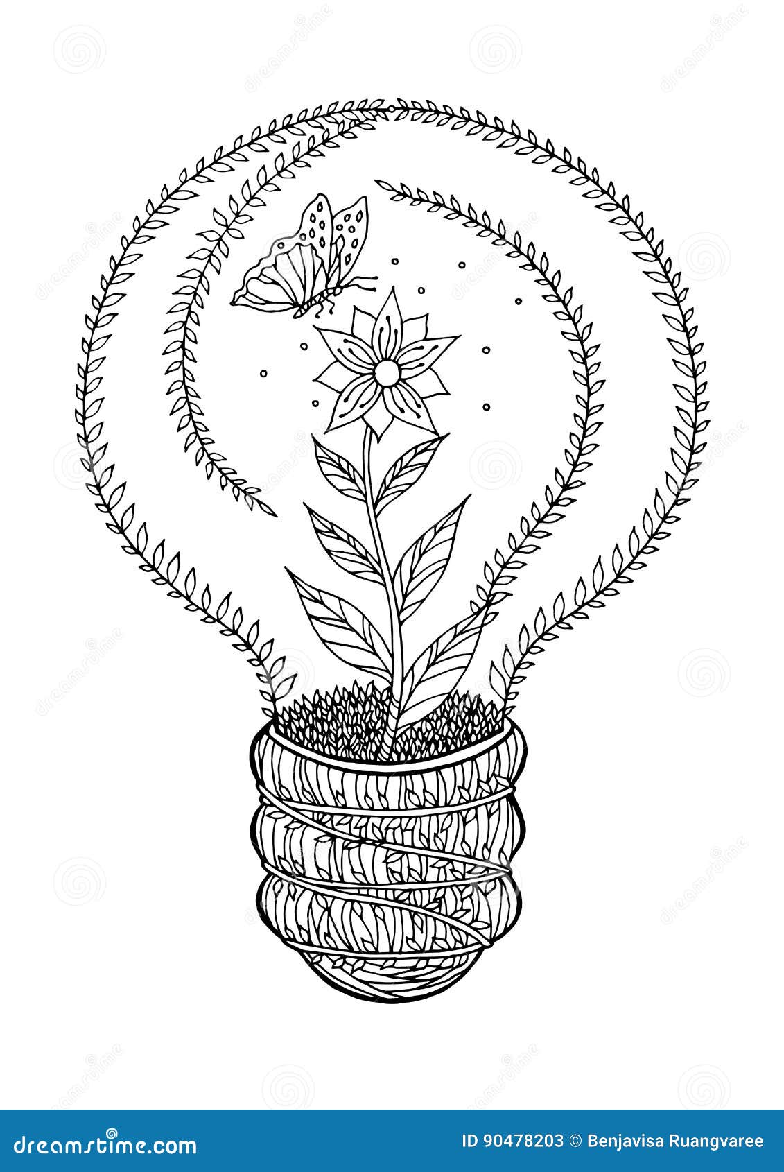Ecology Light Bulb Hand Drawn Vector Drawing Flower and Butterfly Stock ...