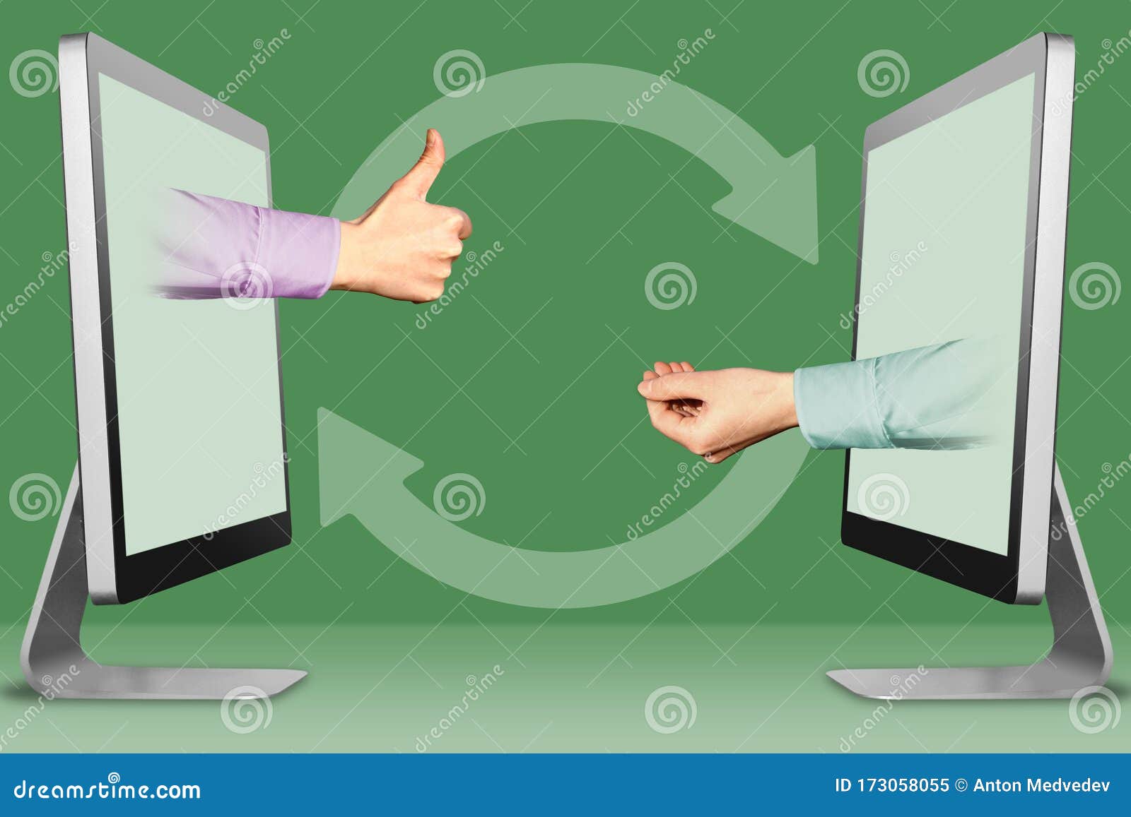 Ecommerce Concept, Two Hands from Computers. Thumbs Up, Like and ...