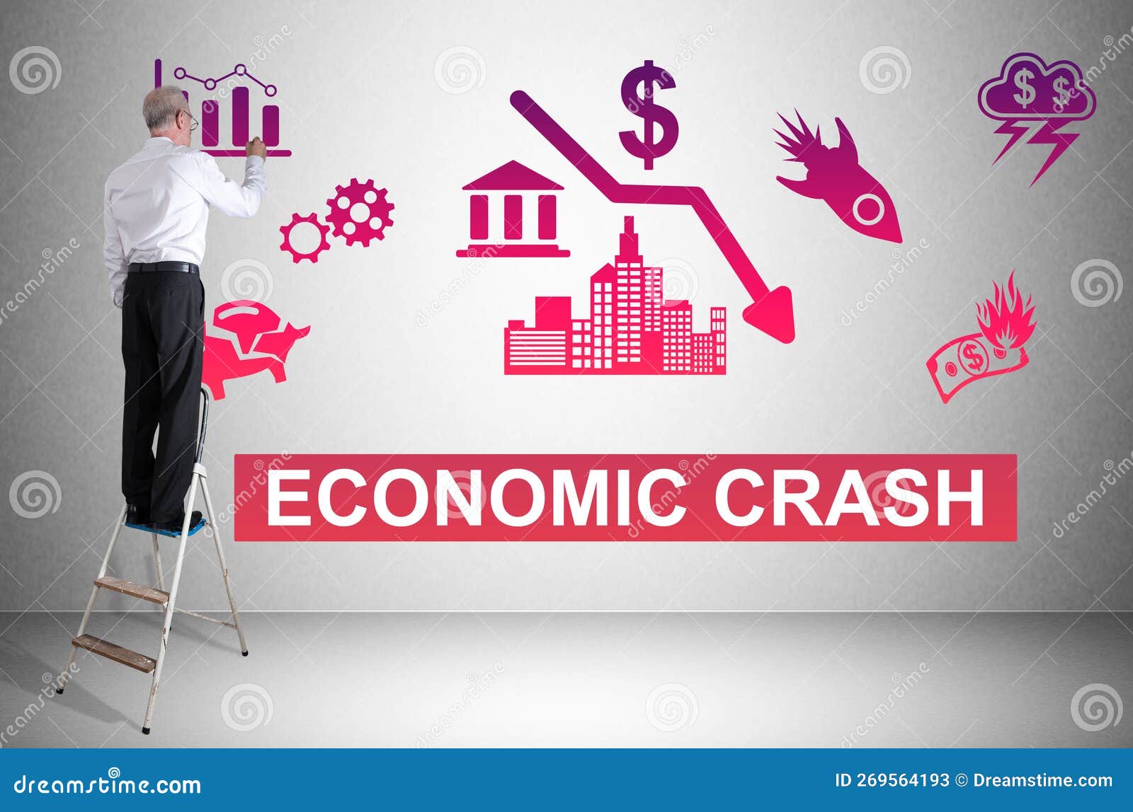 Economic Crash Concept Drawn by a Man on a Ladder Stock Image - Image ...