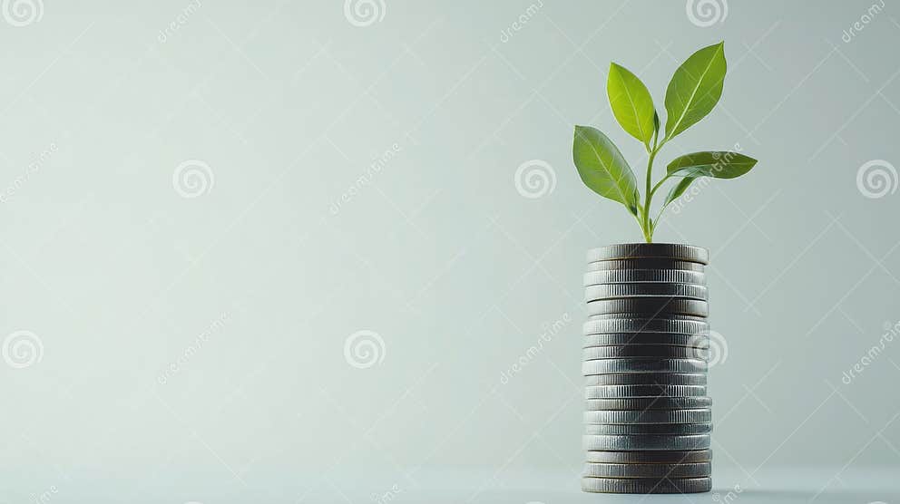Economic Prosperity Visual Metaphor with Coins and Green Plant Stock ...