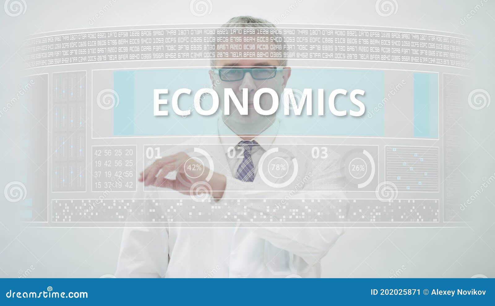 ECONOMICS Text on a Modern Touchscreen Display and a Male Scientist ...