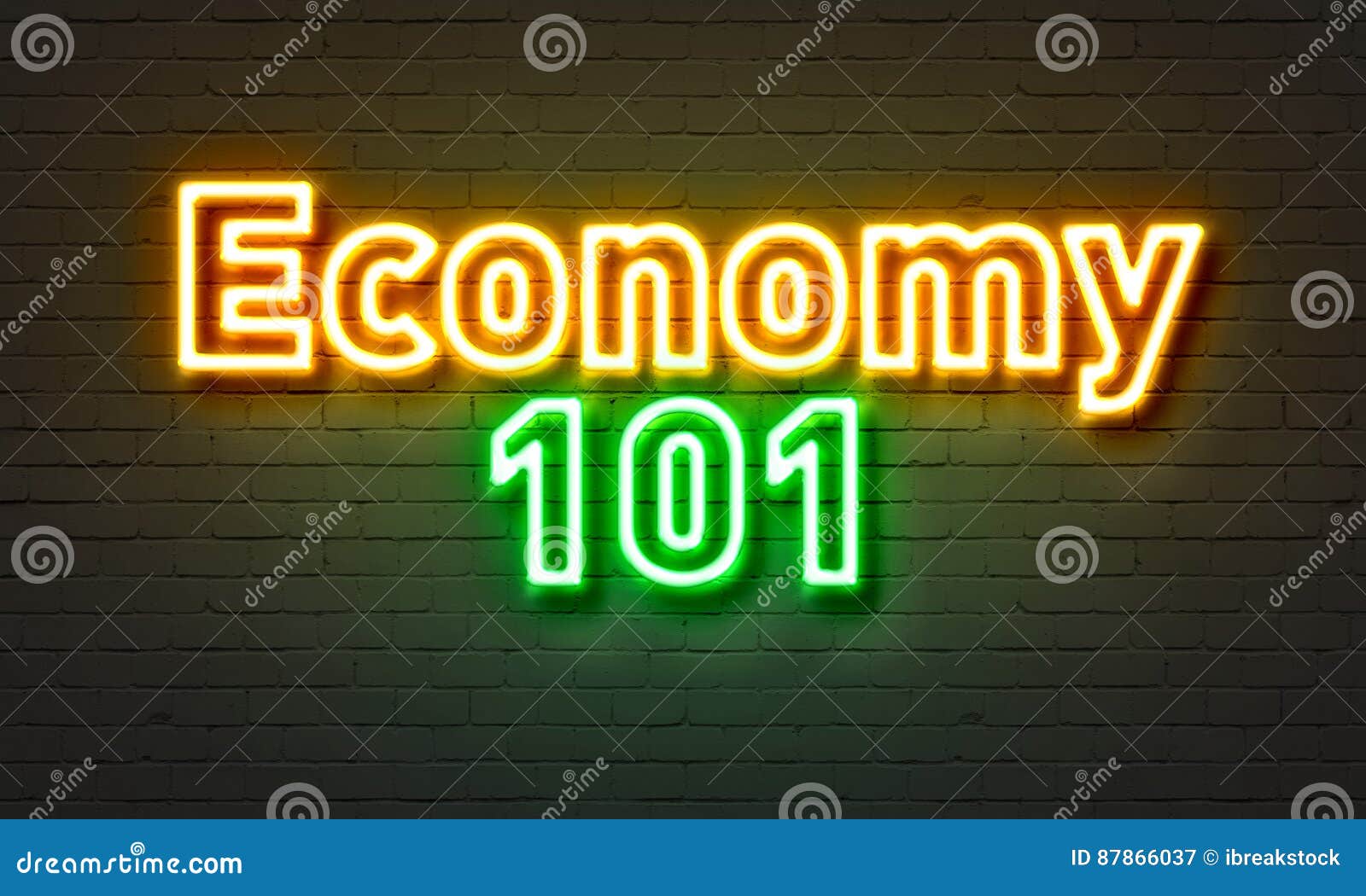 Economy 101 Neon Sign on Brick Wall Background. Stock Image - Image of ...