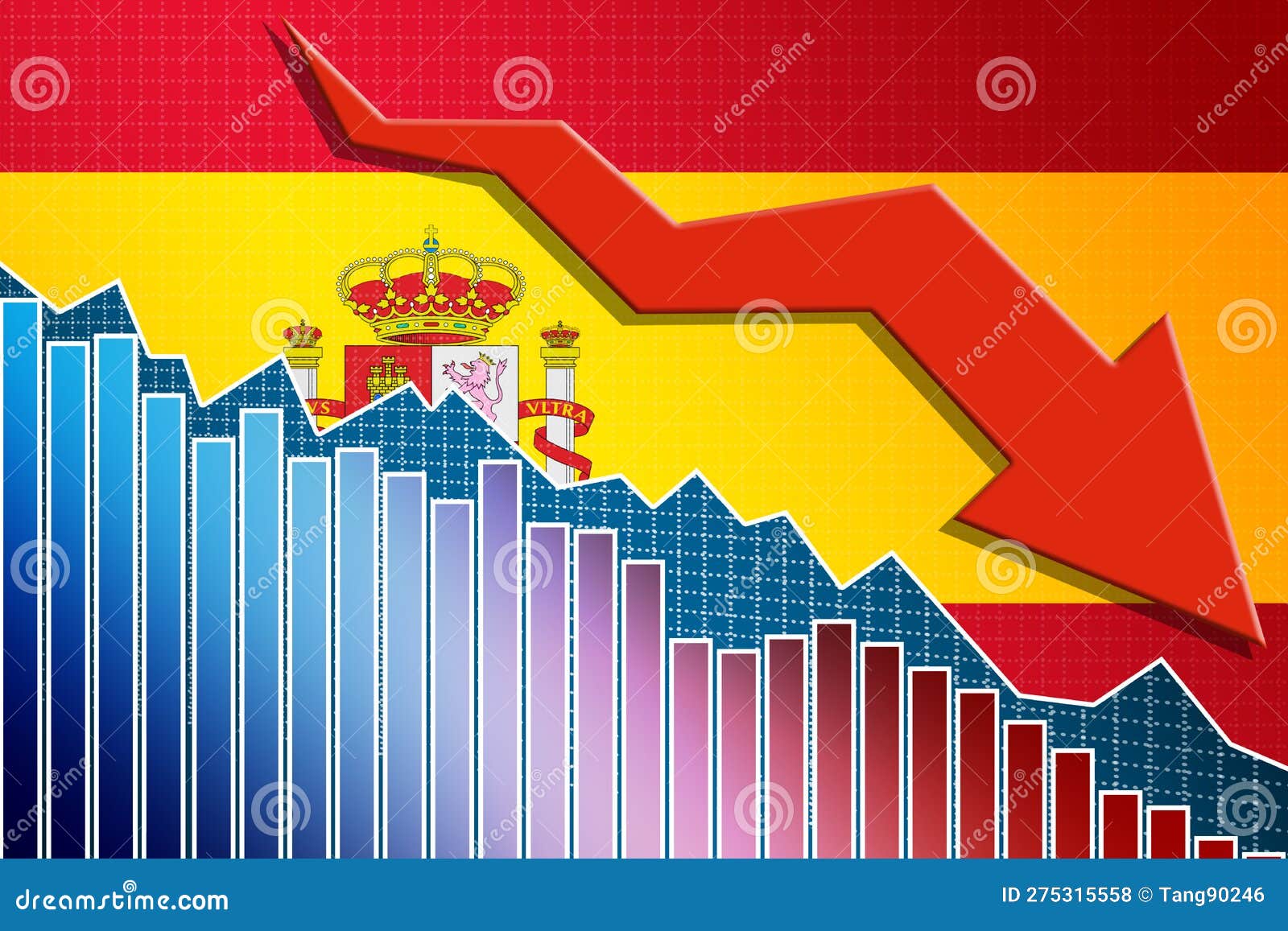 Economy of Spain Falling Down with Arrow and Flag Stock Illustration ...