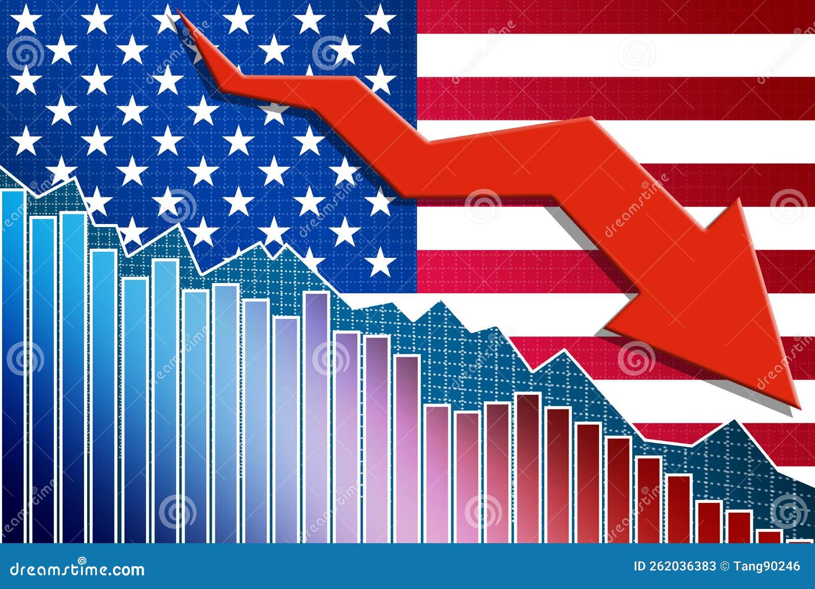 Economy of USA Falling Down with Arrow and Flag Stock Illustration ...