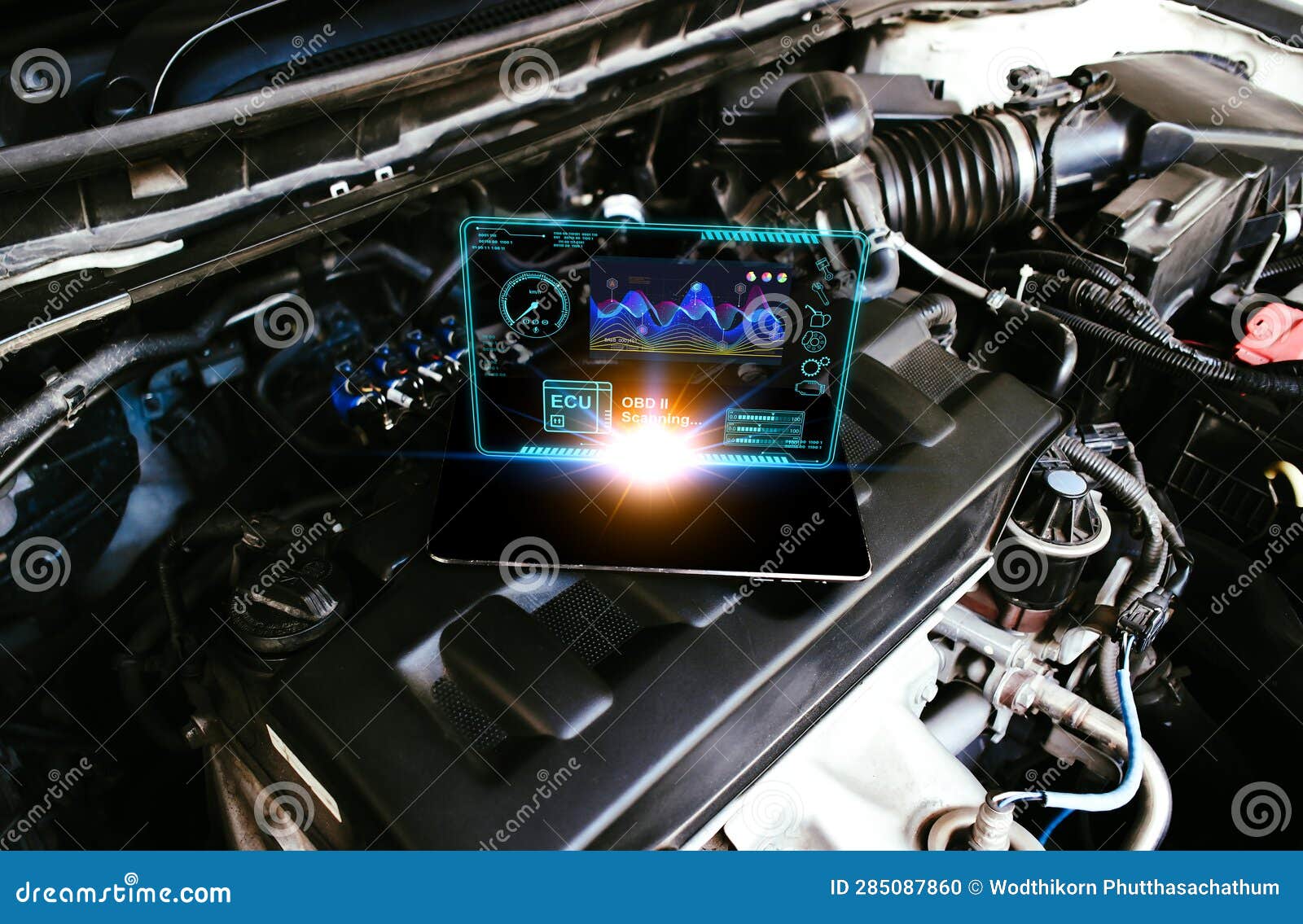 ECU Engine System Checking with OBD2 Wireless Scanning Tool and Car ...