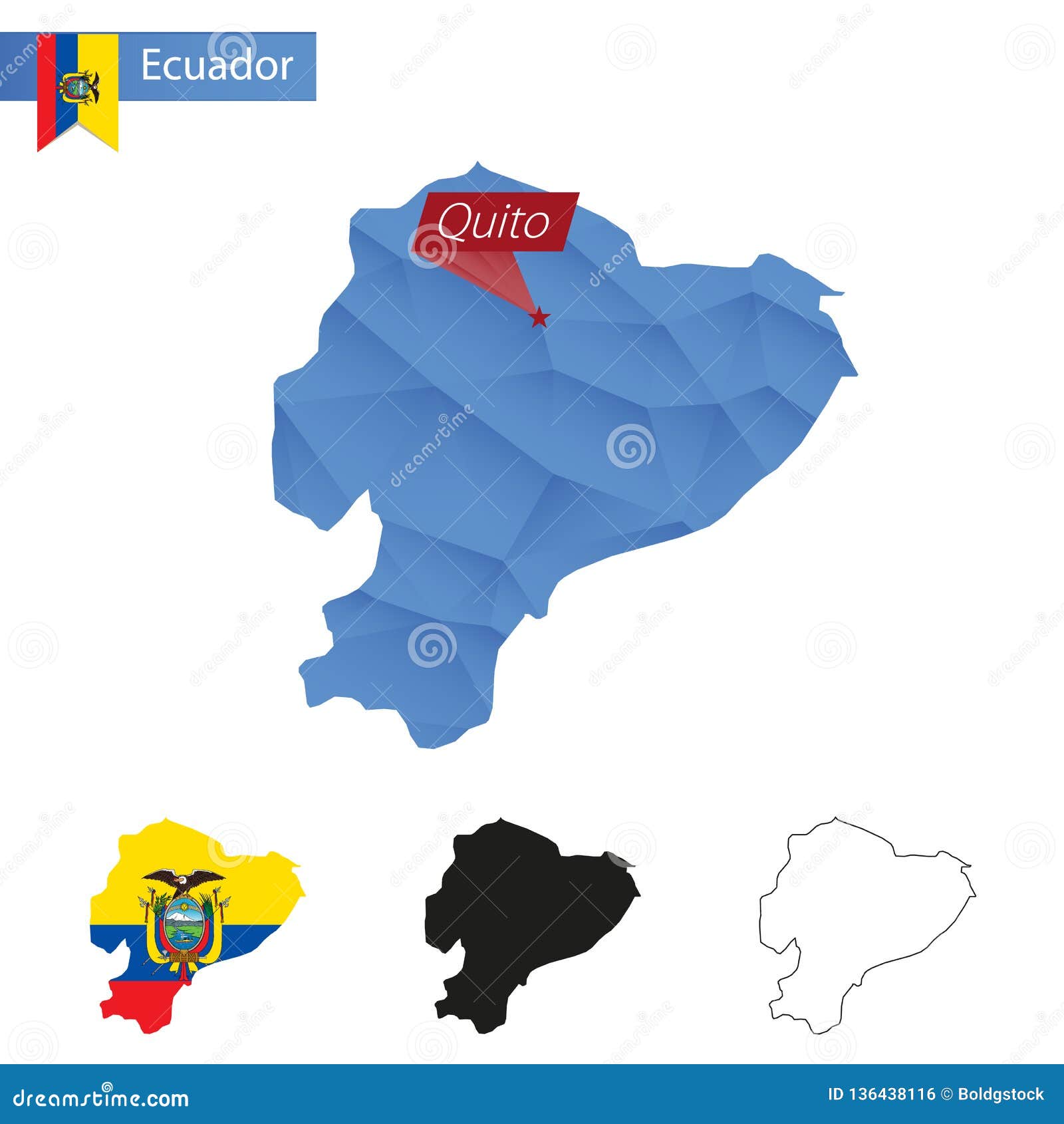 Ecuador Blue Low Poly Map With Capital Quito Vector Illustration ...