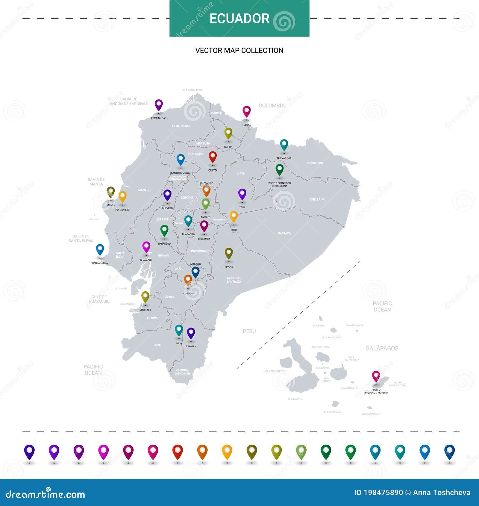 Ecuador Map with Location Pointer Marks. Stock Vector - Illustration of ...