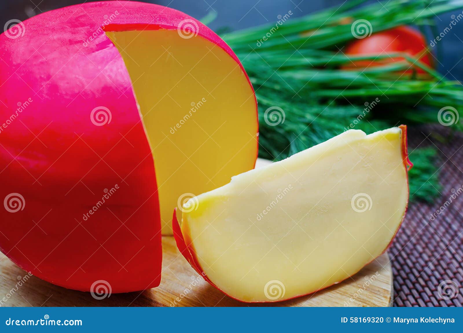 Edam Cheese and a Piece on Cutting Board Stock Photo - Image of hard ...