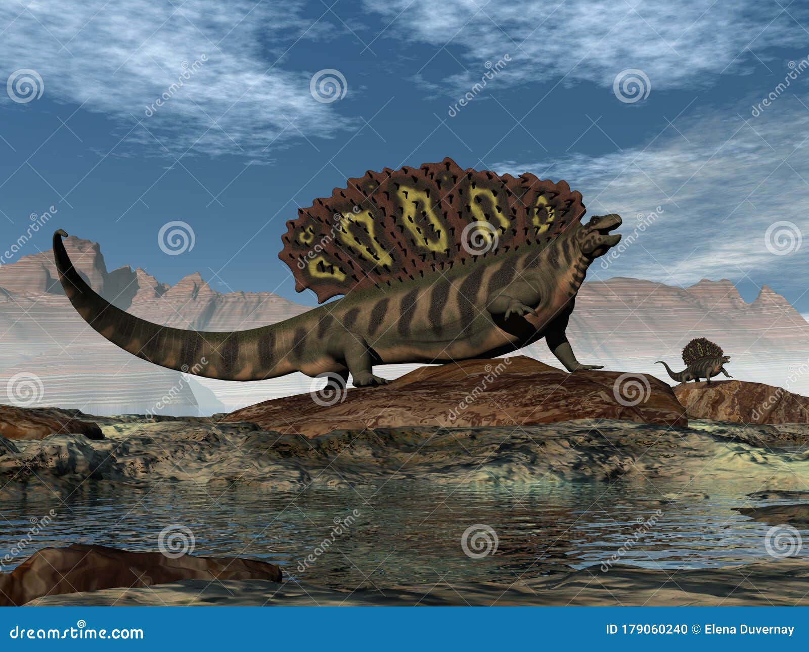 Edaphosaurus Prehistoric Animal Walking on a Rock - 3D Render Stock ...
