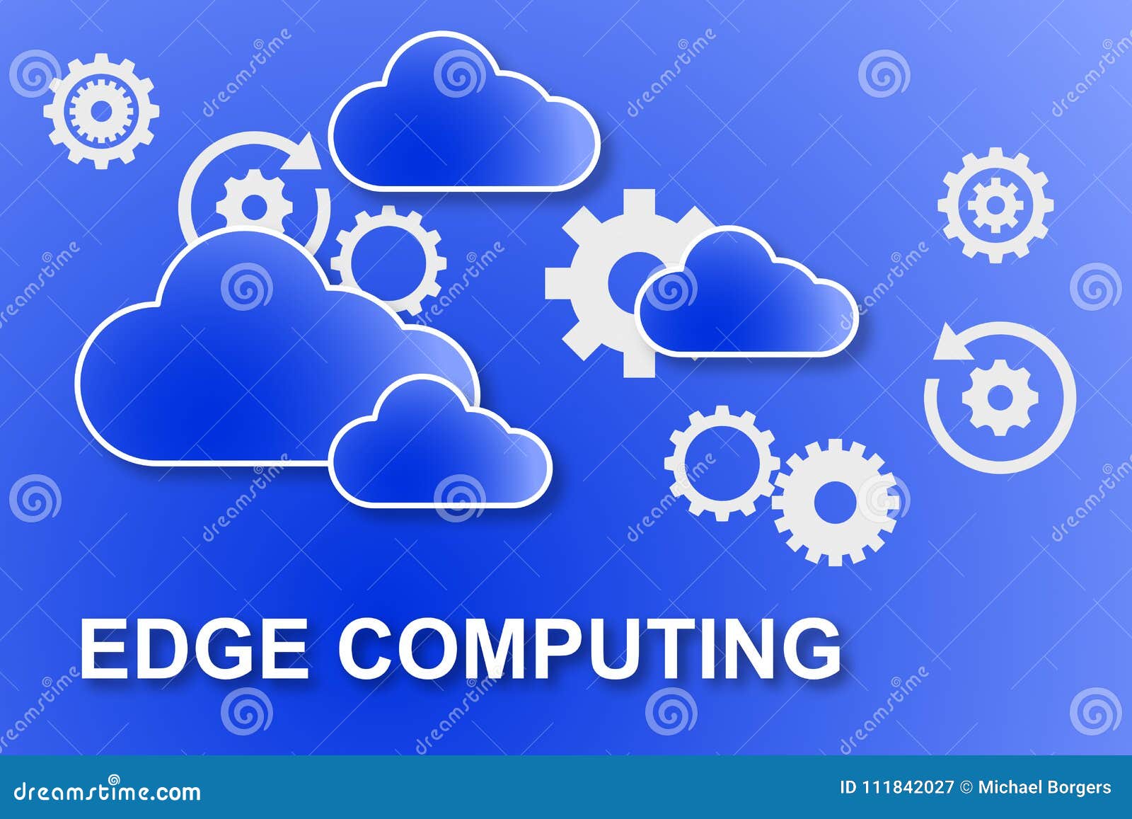 Edge Computing Illustration with Blue Clouds and White Gears Stock ...
