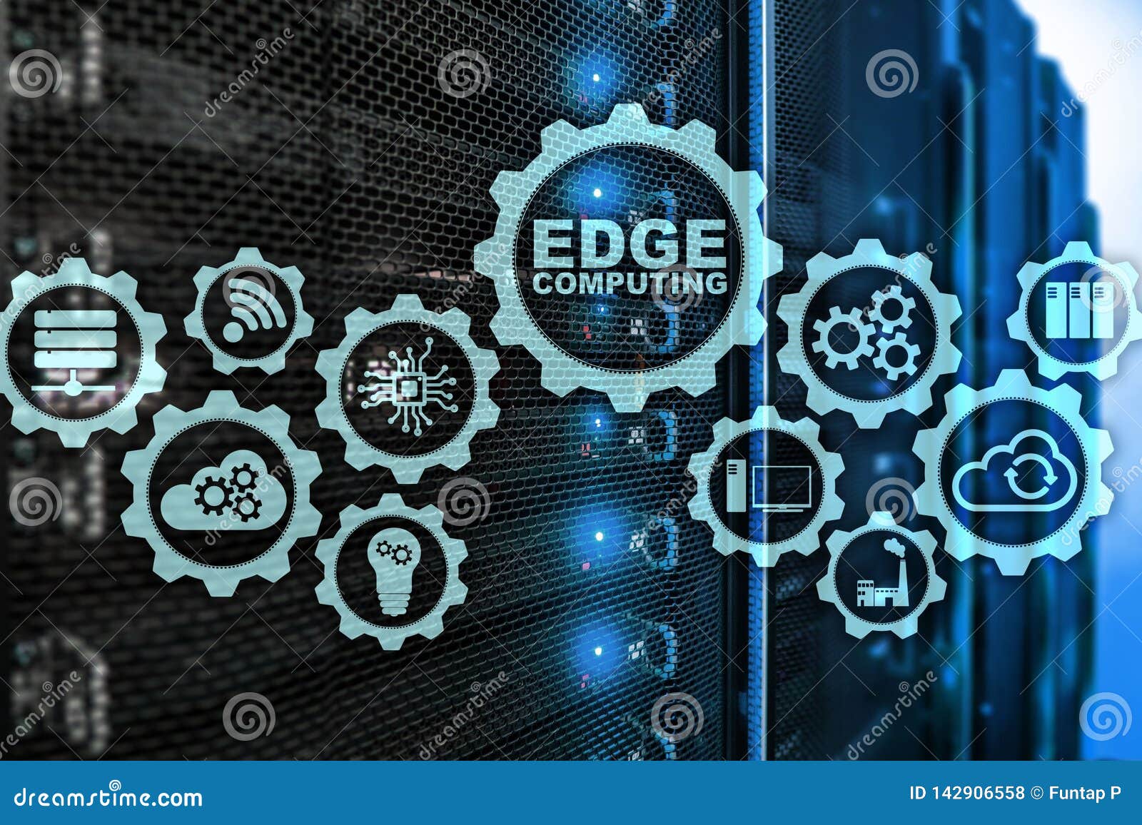 EDGE COMPUTING on Modern Server Room Background. Information Technology ...