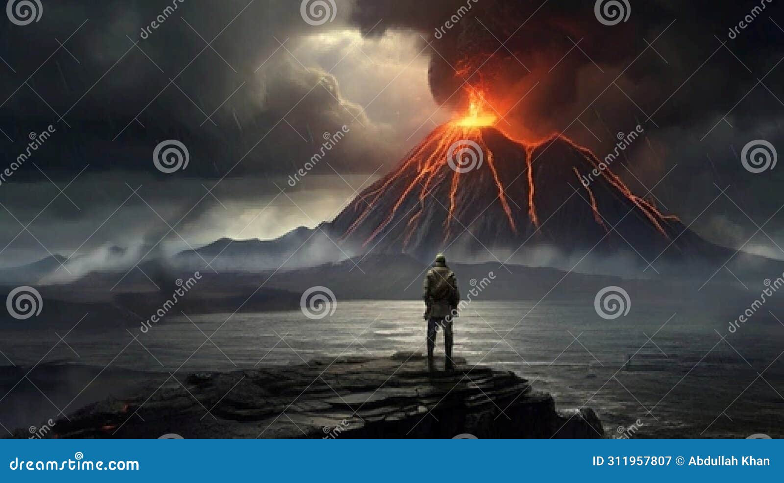 On the Edge by Volcano with Its Rain Clouds Stock Illustration ...