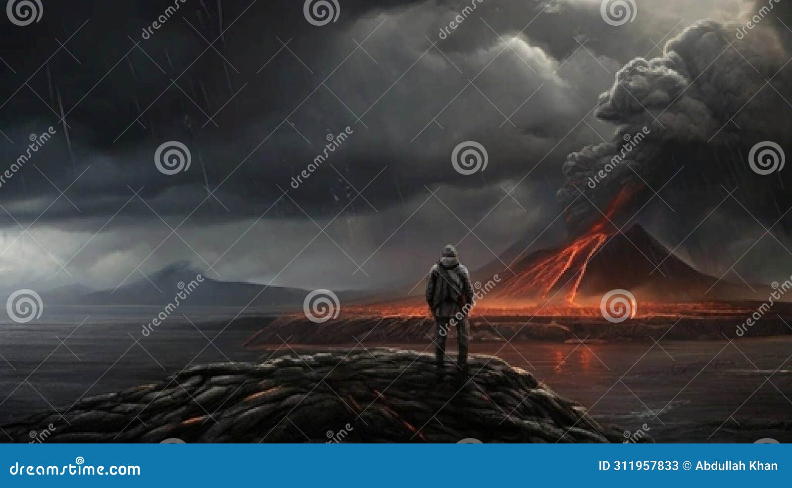 On the Edge by Volcano with Its Rain Clouds Stock Illustration ...