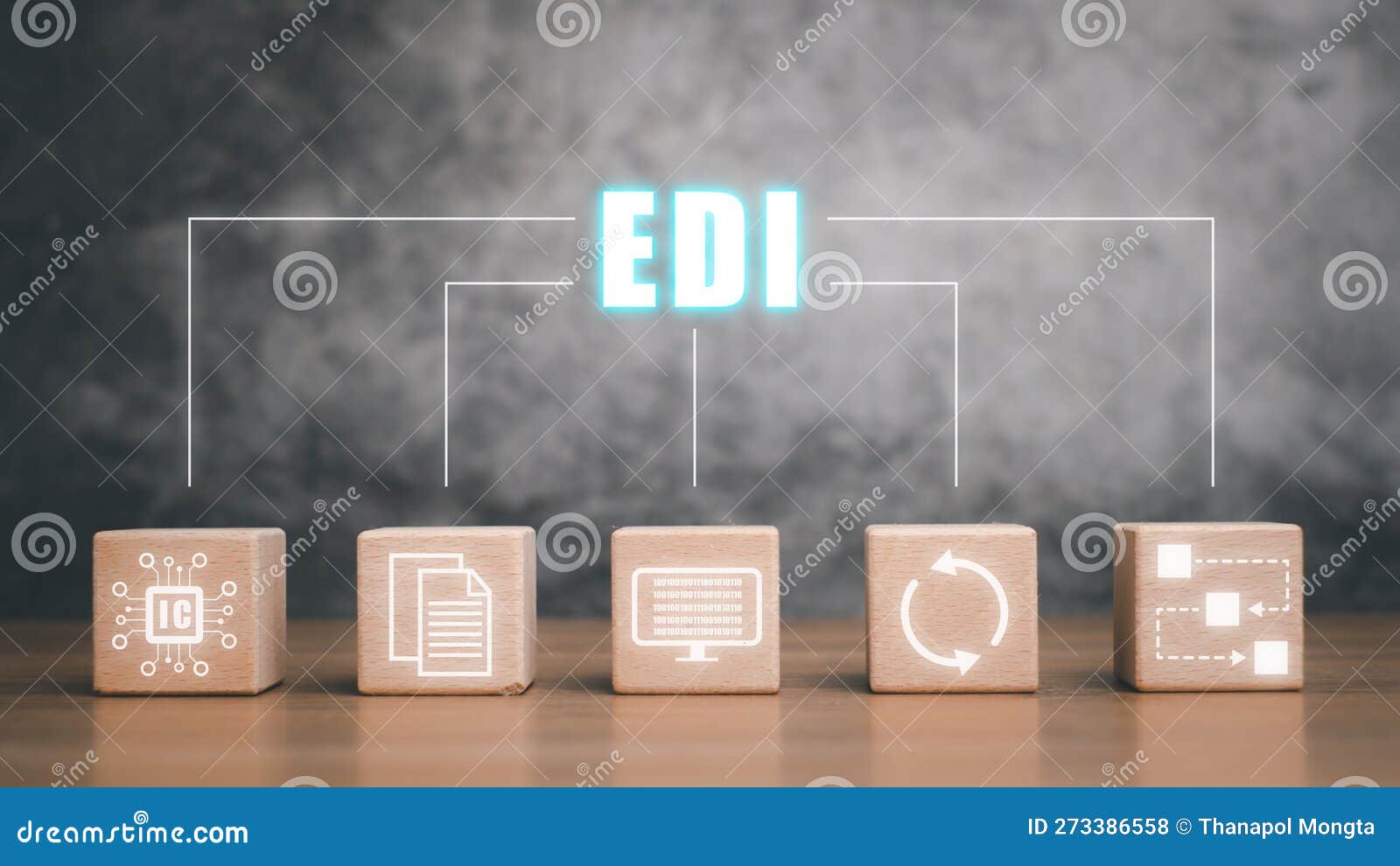Wooden Cube Block with Virtual Screen EDI Icon on Wooden Desk Stock ...