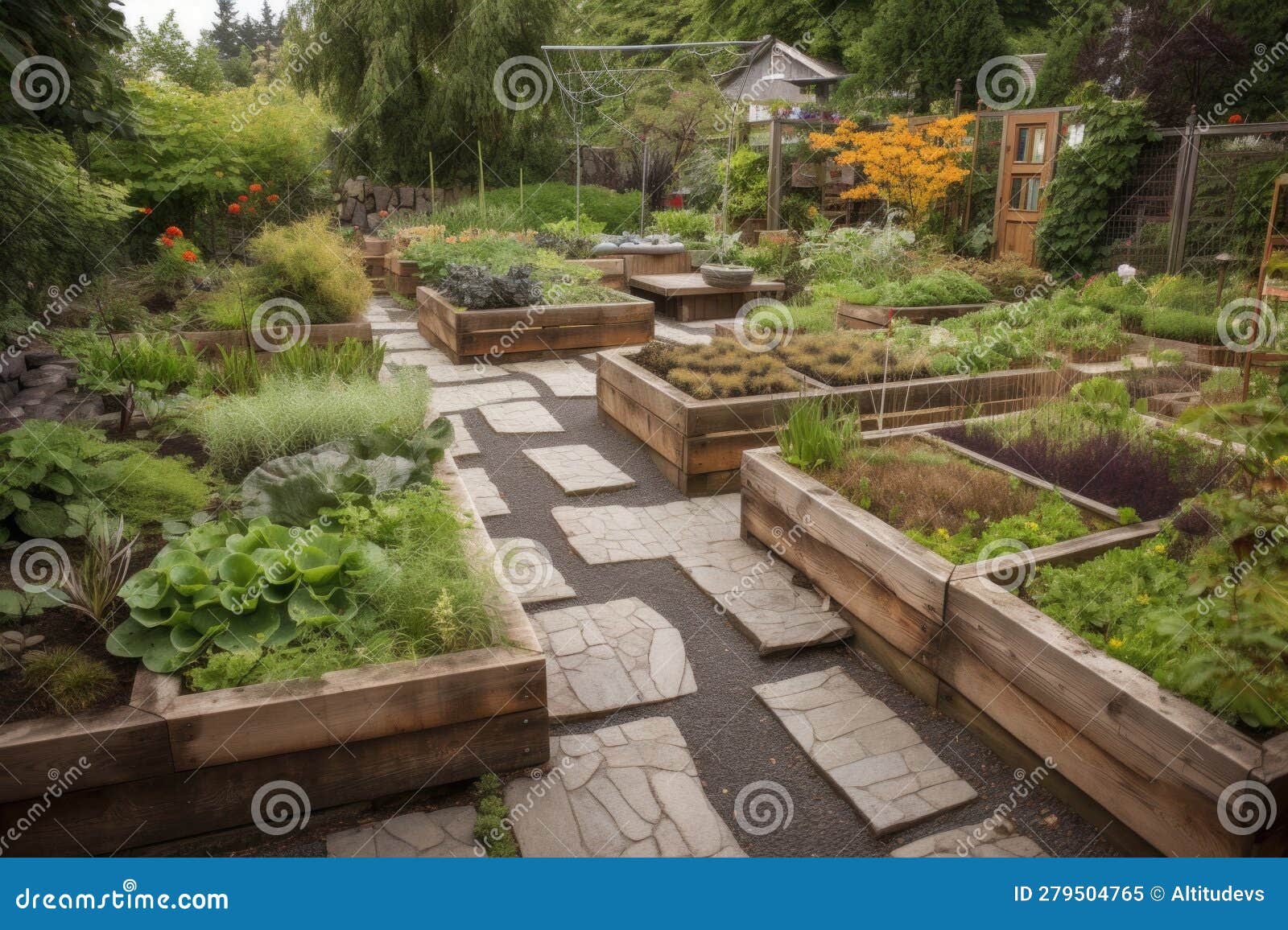 Edible Garden with Raised Beds and Natural Stone Paths Stock ...