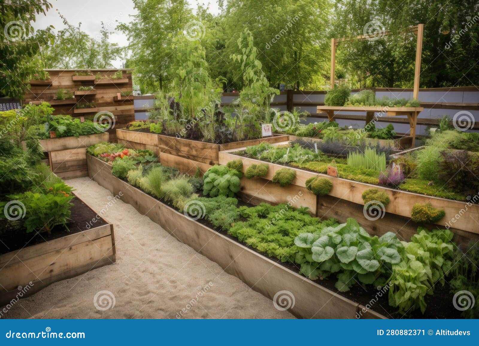 Edible Landscape with Vertical Garden, Herbs, and Fruit Trees Stock ...
